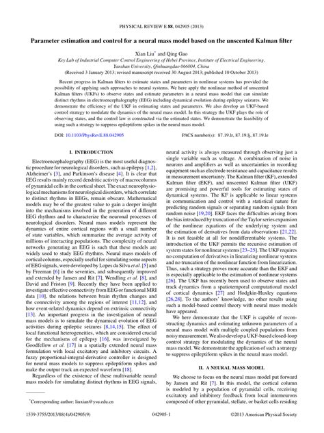 Pdf Parameter Estimation And Control For A Neural Mass Model Based On The Unscented Kalman Filter