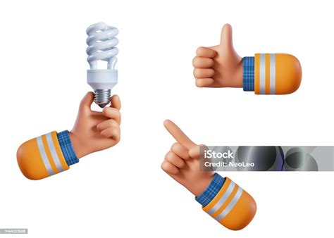 3d 렌더링 전구를 들고 있는 만화 인간 마스터 팔 세트 전기의 경제 손 제스처 엄지 손가락을 위로 향하게합니다 흰색 배경에 격리된 가정용 서비스 클립 아트 경제에 대한