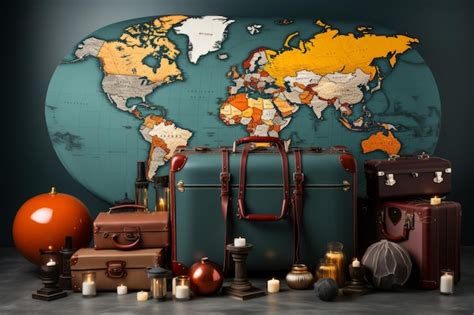 Premium Ai Image Party With Globe Balloons Suitcases And Maps