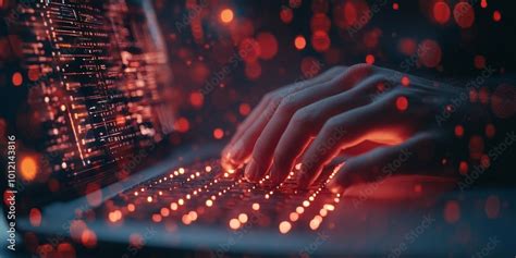 Man Typing In Laptop Data Analysis Hud Hologram And Circuit Lines With Binary Generative AI