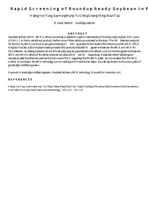 Pdf Rapid Screening Of Roundup Ready Soybean In Food Samples By A Hand Held Pcr Device Ming