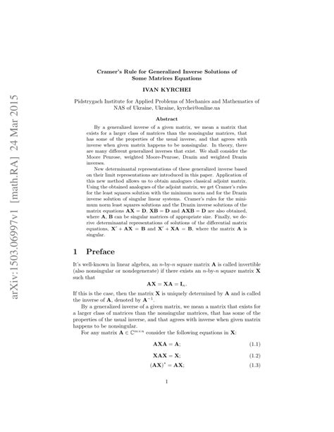 Pdf Cramers Rule For Generalized Inverse Solutions Of Some Matrices