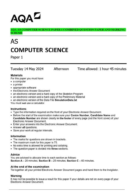 Aqa As Computer Science Paper 1 Combined Question Paper And Marking Scheme Aqa A And As Level