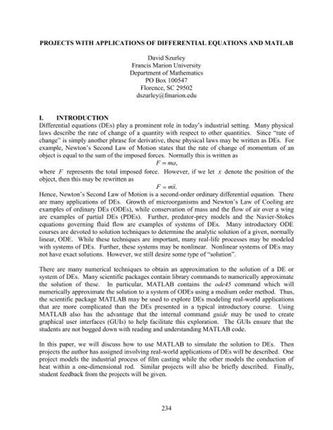 Projects With Applications Of Differential Equations Mathematics