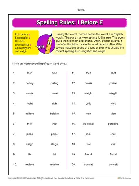 Spelling Rules Worksheets I Before E Pdf