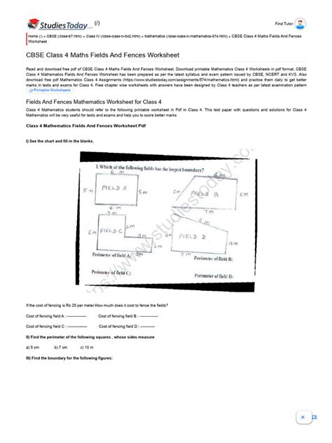 Cbse Class 4 Maths Fields And Fences Worksheet Pdf Multiple Choice