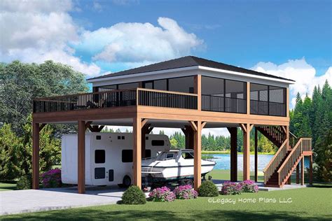 Plan 680081vr Rv Carport With Massive Screened And Open Deck Above Carport Designs House