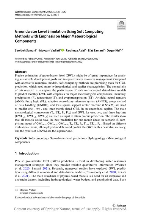 Groundwater Level Simulation Using Soft Computing Methods With Emphasis