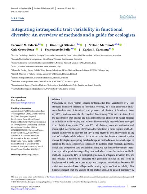 Pdf Integrating Intraspecific Trait Variability In Functional Diversity An Overview Of