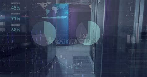 Image Of Statistical Data Processing Over Grid Network Against Computer Server Room Stock Image