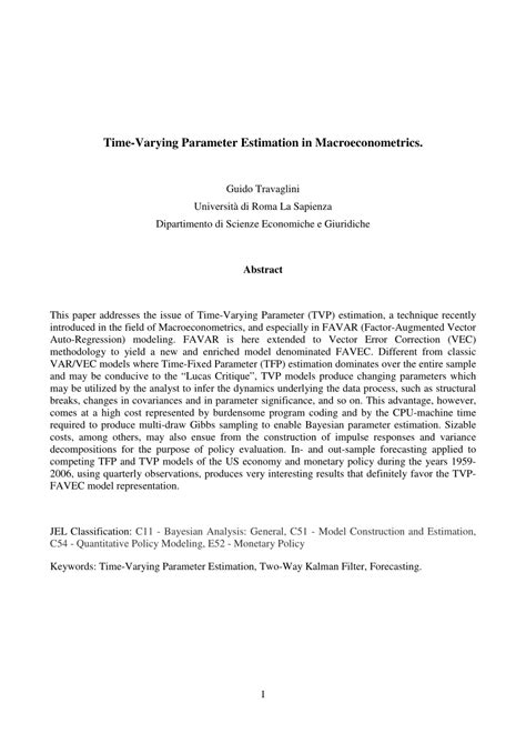 Pdf Time Varying Parameter Estimation In Macroeconometrics