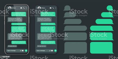 메시징 응용 프로그램과 현실적인 스마트 폰 Sms 텍스트 프레임 녹색 메시지 거품과 자리 표시자 텍스트가 있는 대화 채팅