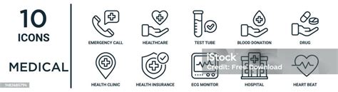 의료 개요 아이콘 세트에는 얇은 선 비상 전화 시험관 약물 건강 보험 병원 심장 박동 보고서 프리젠 테이션 다이어그램 웹 디자인을위한 건강 클리닉 아이콘이 포함됩니다