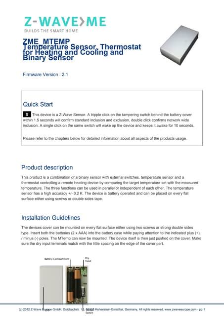 Temperature Sensor With Binary Sensor Input Start Guide Pdf