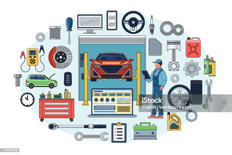 자동차 수리 자동차 서비스 개념 자동차 정비사가 서비스 센터에서 리프트에 있는 자동차를 진단합니다 자동차 수리 확인 튜닝 유지 보수 도구 예비 부품의 아이콘 집합과 벡터