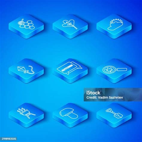 세트 라인 바베큐 그릴 텍스트 가을 버섯 돋보기 잎 태양과 구름 날씨 연 포도 과일 및 삽 아이콘과 함께 말풍선 벡터 3차원 형태에 대한 스톡 벡터 아트 및 기타 이미지