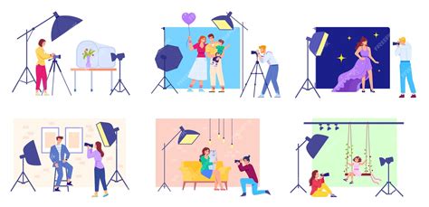 사진 스튜디오 세션 전문 사진 촬영 패션 모델 또는 사진 작가 카메라 사진 예술 모델리즘 멋진 벡터 일러스트 레이 션에 포즈를
