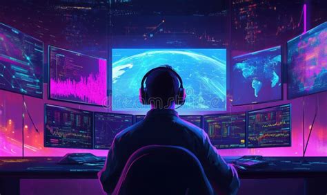 Data Analyst Monitoring Global Trends In High Tech Control Room With Multiple Screens Stock