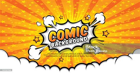 하프톤 점과 별이있는 팝 아트 만화 배경 오렌지색에 만화 벡터 일러스트레이션 라벨에 대한 스톡 벡터 아트 및 기타 이미지 라벨 만화책 배경 주제 Istock