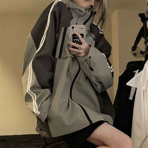 Color Block Zip Up Hooded Jacket Skirt And Sneakers Fall Fashion