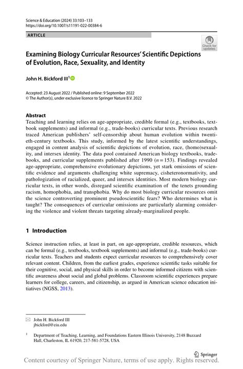 Examining Biology Curricular Resources Scientific Depictions Of Evolution Race Sexuality And