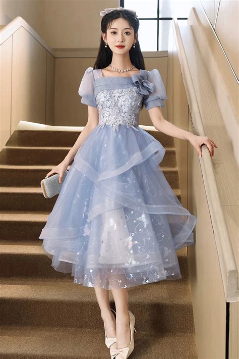 Blue Tulle Lace Knee Length Prom Dress Cute Short Sleeve Evening Part