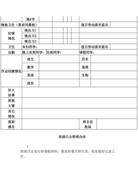 班级日志记录表及班级日志管理办法 doc下载 5页 公司经营 果子办公