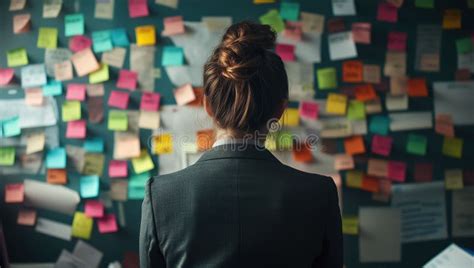 Businesswoman Brainstorming In Front Of A Sticky Note Wall Stock