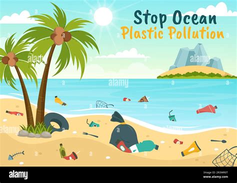 Stop Ocean Plastic Pollution Vector Illustration With Trash Under The