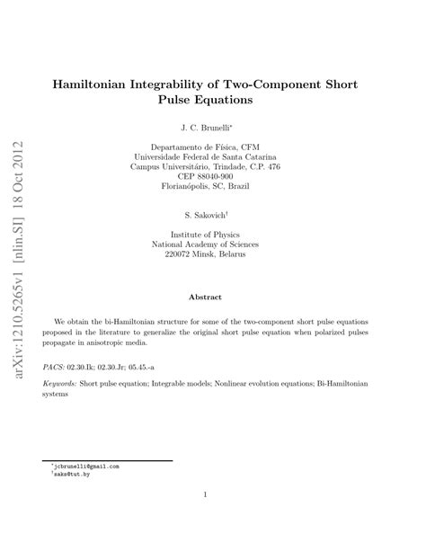 Pdf Hamiltonian Integrability Of Two Component Short Pulse Equations