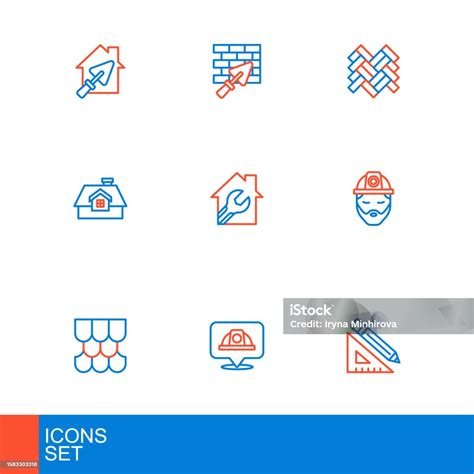 삼각형 눈금자와 연필 작업자 안전 헬멧 지붕 타일 건축업자 집 렌치 스패너 쪽모이 세공 마루 및 벽돌 벽 흙손 아이콘을