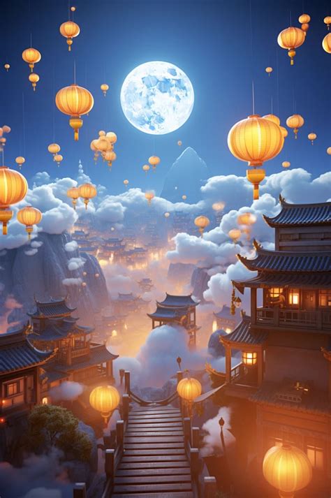 Ai数字艺术3d中秋赏月古建筑背景图 众图网图片 风景 人物 星空图片素材 花瓣网