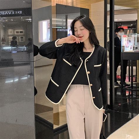 핫핑 Made 쿠블 라인배색 라운드 노카라 트위드자켓44~110 신상 빅사이즈 데이트룩 직장인룩 체형커버 출근룩 가을하객룩