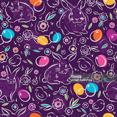 원활한 보라색 패턴 색 부활절 달걀 토끼 꽃과 병아리 벡터 일러스트 레이 션 0명에 대한 스톡 벡터 아트 및 기타 이미지 0명 계절 기독교 Istock