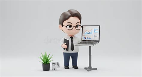 3d Rendered Chibi Data Scientist With Laptop Charts And Graphs Isolated