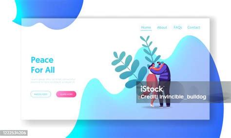 평화 사랑 관계 공생 방문 페이지 템플릿입니다 행복 한 사랑 또는 친구 커플 포옹 남자와 여자 캐릭터는 함께 포옹하고 기뻐하는 시간을 보낸다 만화 사람 벡터 일러스트 개념에