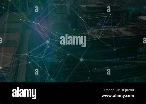 Network Fading In Glowing Nodes Lines Shifting Pulsing Visualizing Data Flow Above Cityscape