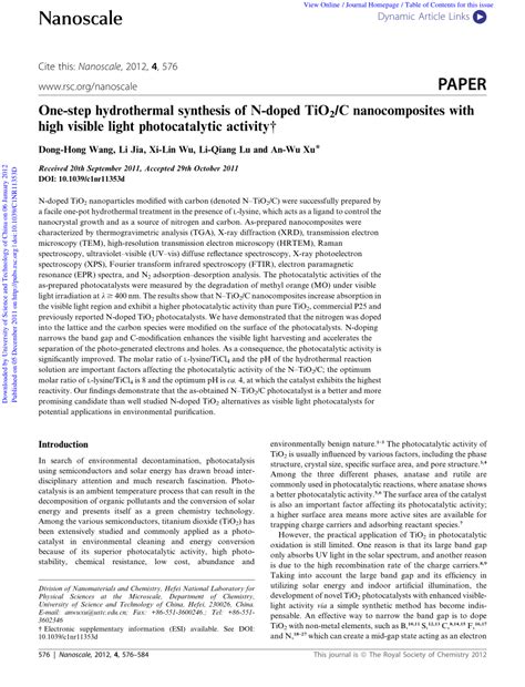 Pdf One Step Hydrothermal Synthesis Of N Doped Tio2c Nanocomposites With High Visible Light
