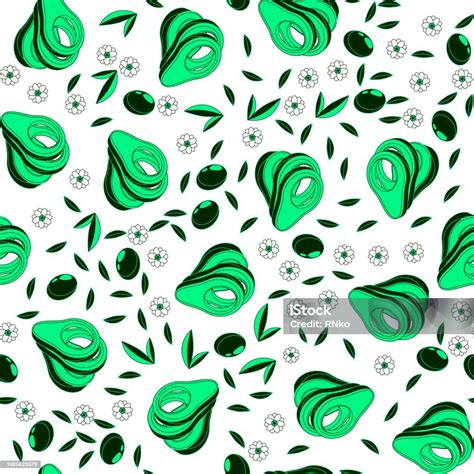 아보카도는 나뭇잎과 꽃으로 과일 매끄러운 패턴을 자릅니다 아보카도 웨지와 슬라이스 반으로 자르고 얇게 썬다 포스터 디자인 및 직물 인쇄를 위한 벡터 장식 건강한 생활방식에