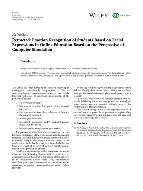 PDF Retracted Emotion Recognition Of Students Based On Facial Expressions In Online Education