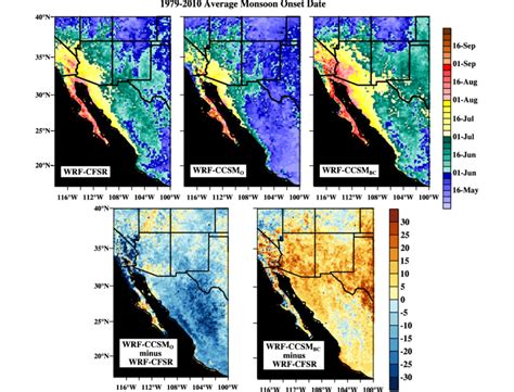 19792010 Average Monsoon Onset Dates For The Three Wrf Climatologies