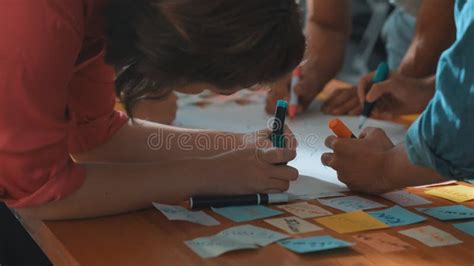 close up of smart developer team using mind map to brainstorm idea symposium stock image