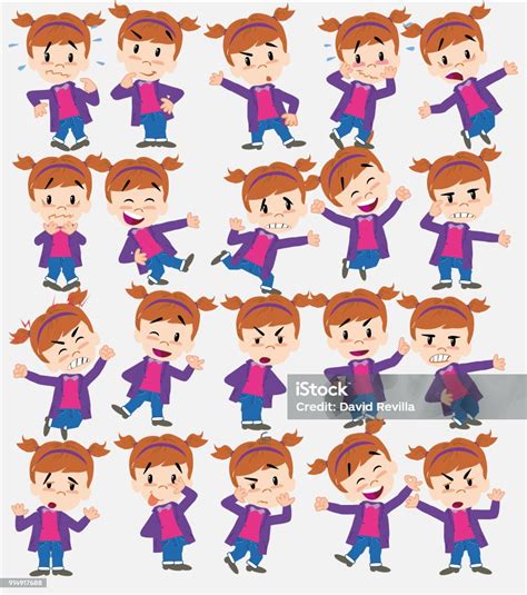 청바지에 만화 캐릭터 백인 여자입니다 다른 자세 태도 포즈 고립 된 벡터 그림에 다양 한 활동을 하 고 설정 합니다 공주에 대한