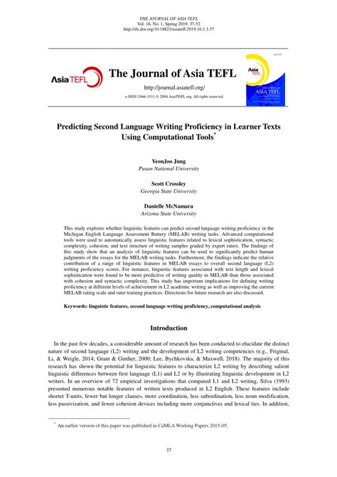 Pdf Predicting Second Language Writing Proficiency In Learner Texts Using Computational Tools