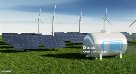 배터리 충전기 태양 에너지 발전소 농장 생태 기술 및 전력 절감 개념 대체 에너지 테마 3d 그림 렌더링 바람에 대한 스톡 사진