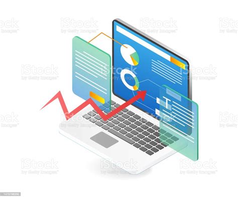 컴퓨터 데이터 분석 원형 차트의 아이소메트릭 평면 3d 그림 개념 노트북에 대한 스톡 벡터 아트 및 기타 이미지 노트북