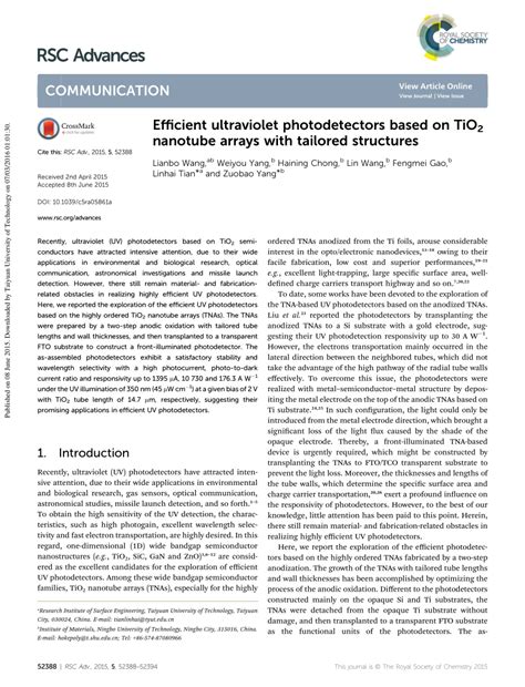 Pdf Efficient Ultraviolet Photodetectors Based On Tio2 Nanotube Arrays With Tailored Structures