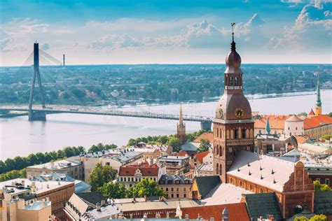 Riga Latvia Cityscape In Sunny Summer Day Famous Landmark R Stock
