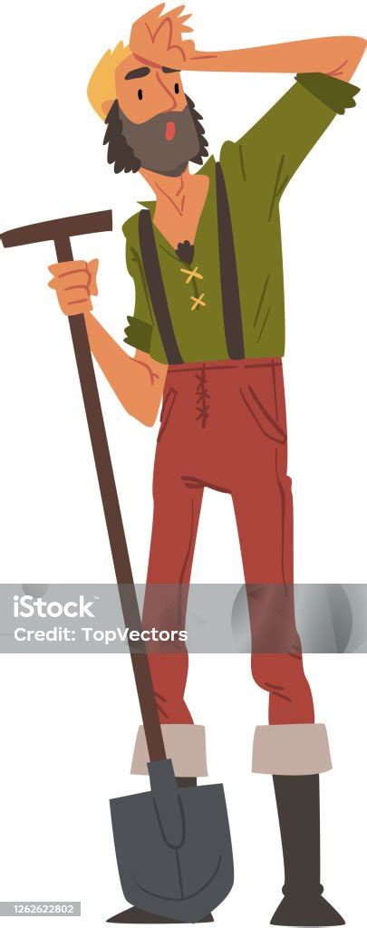삽과 서 남성 광부 빈티지 옷 만화 스타일 벡터 일러스트를 입고 수염 골드 광부 캐릭터 광물질에 대한 스톡 벡터 아트 및 기타 이미지 광물질 광산업자 광업 Istock