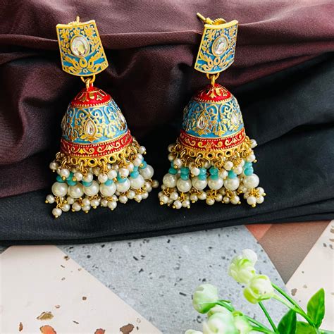 Gold Platted Sky Blue Dome Shaped Kundan Jhumkas Arzzbyfarha